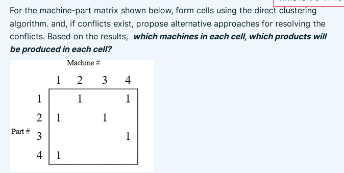 Solved For the machine-part matrix shown below, form cells | Chegg.com