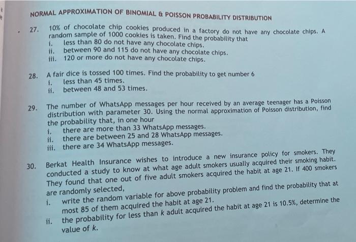 Solved 27. NORMAL APPROXIMATION OF BINOMIAL & POISSON | Chegg.com
