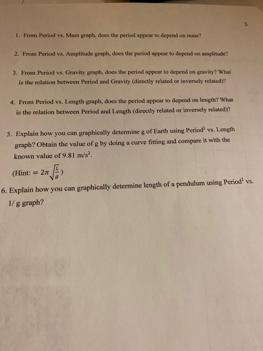 Solved 5 1. From Period vs. Mass graph, does the period | Chegg.com