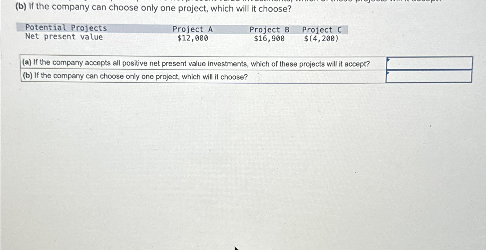 Solved (b) ﻿If the company can choose only one project, | Chegg.com