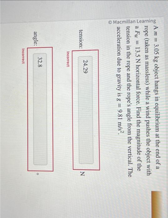 Solved A m=3.05 kg object hangs in equilibrium at the end of | Chegg.com