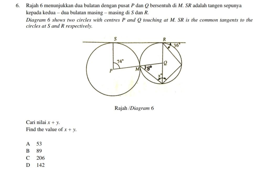 Solved Rajah 6 menunjukkan dua bulatan dengan pusat P dan Q | Chegg.com