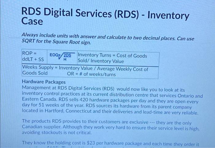 Solved RDS Digital Services (RDS) - Inventory Case - Always | Chegg.com