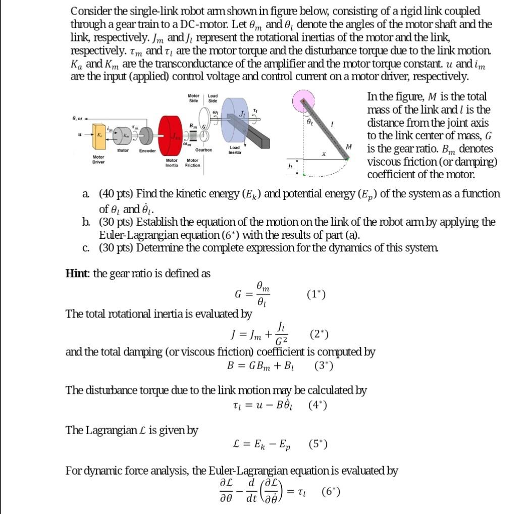 Consider the single-link robot arm shown in figure | Chegg.com