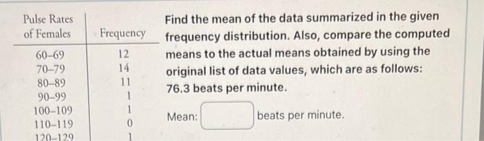 [Solved]: Find the mean of the data summarized in the given