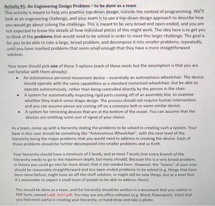 Activity #1: An Engineering Design Problem - to be | Chegg.com