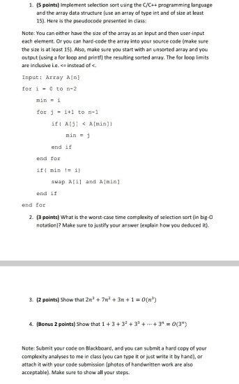 Solved 1. 5 points) Implement selection sort using the C/C++ | Chegg.com