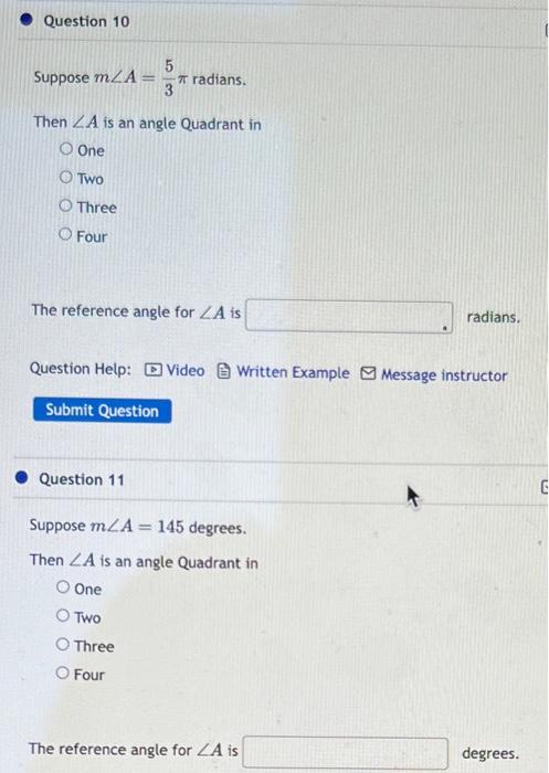 Solved Suppose m∠A=35π radians. Then ∠A is an angle Quadrant | Chegg.com