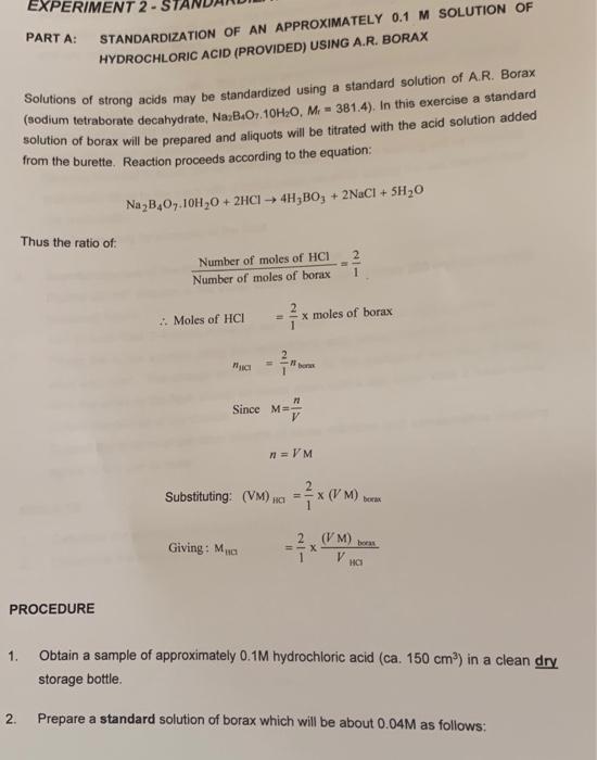 Solved EXPERIMENT 2-S PART A: STANDARDIZATION OF AN | Chegg.com