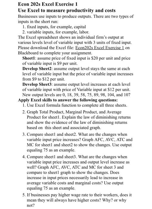 Solved Econ 202s Excel Exercise 1 Use Excel to measure | Chegg.com