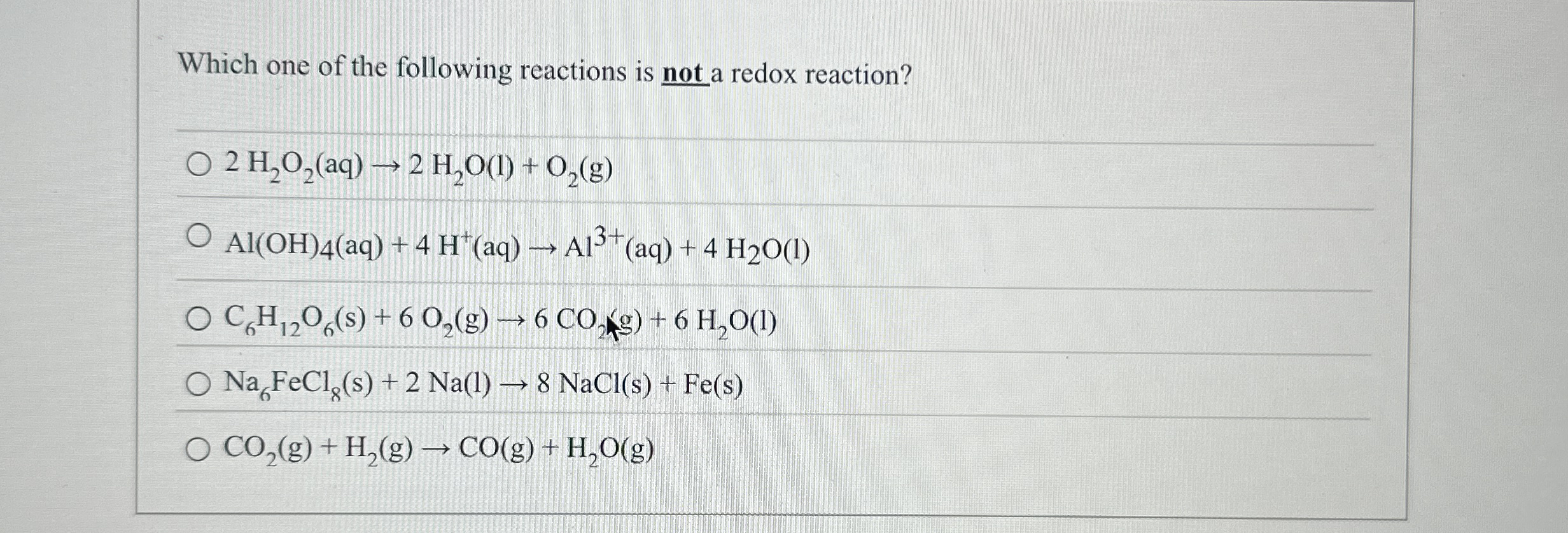 Solved Which one of the following reactions is not a redox | Chegg.com