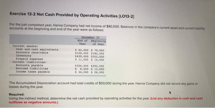 Solved Exercise 13-2 Net Cash Provided by Operating | Chegg.com