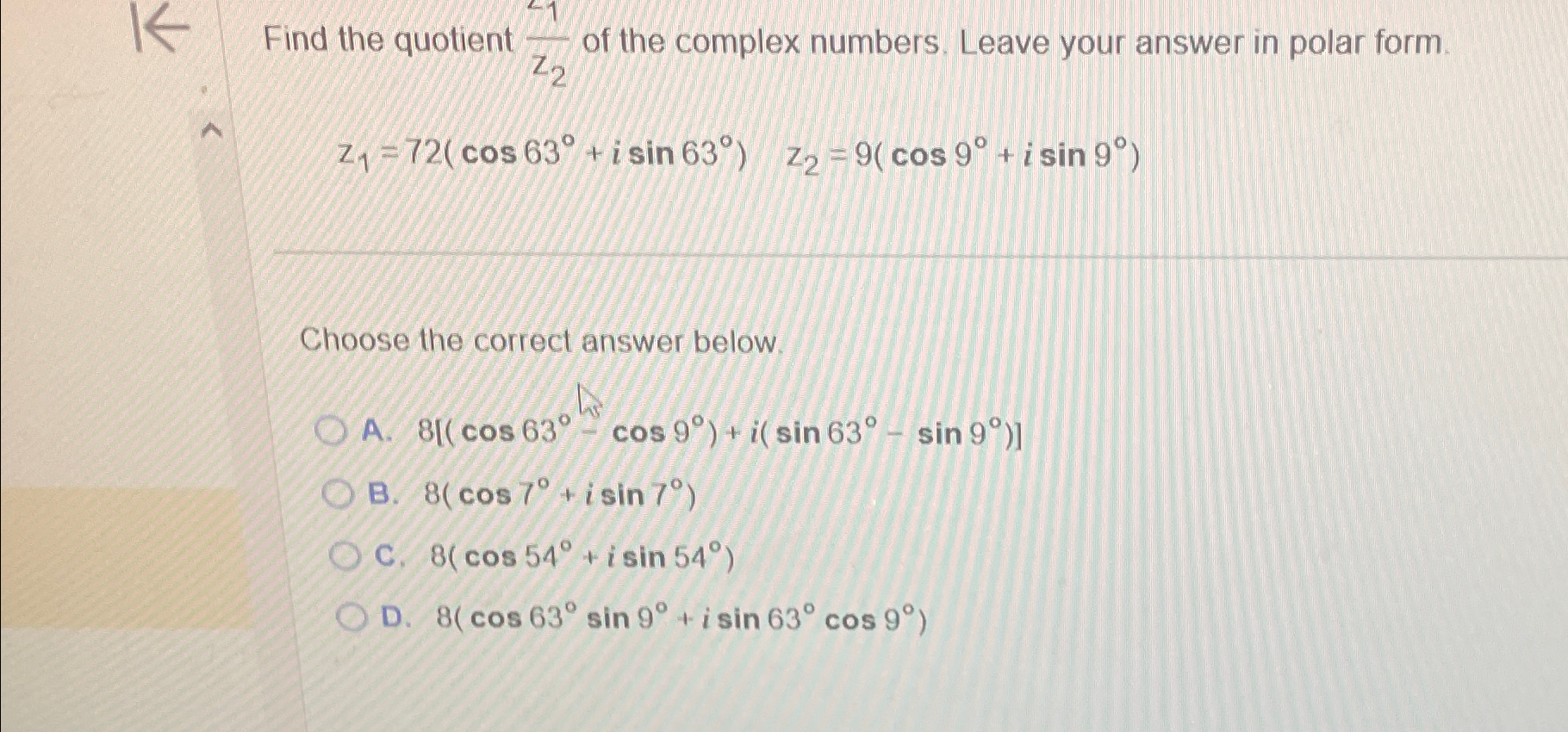 Solved Find the quotient 1z2 ﻿of the complex numbers. Leave | Chegg.com