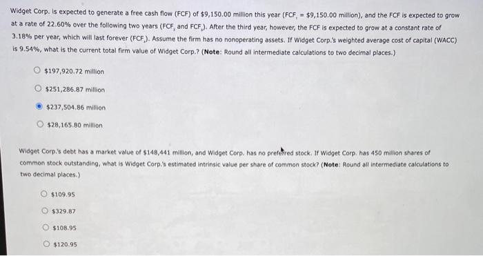 Solved Widget Corp. is expected to generate a free cash flow | Chegg.com