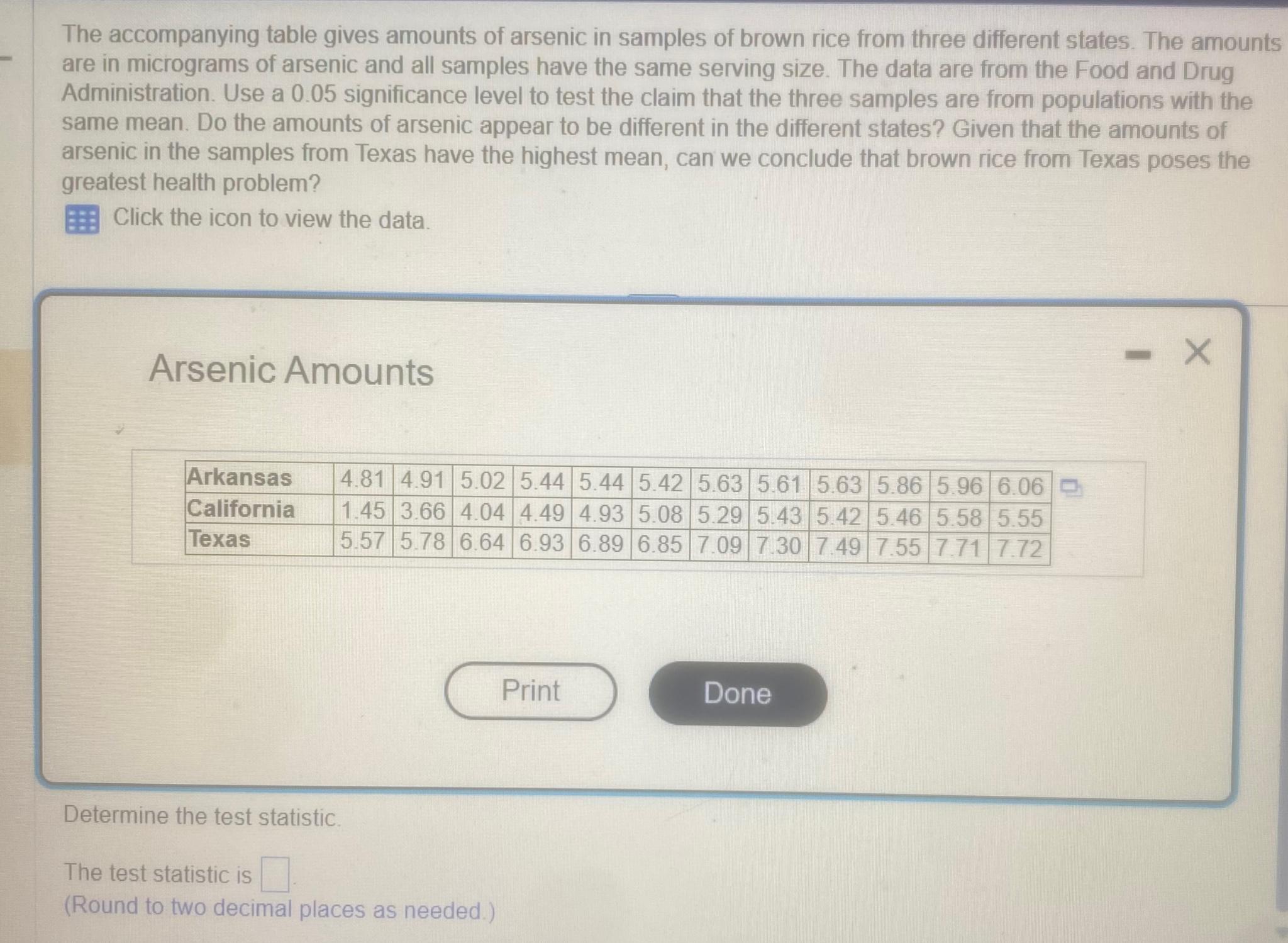 Solved The accompanying table gives amounts of arsenic in | Chegg.com