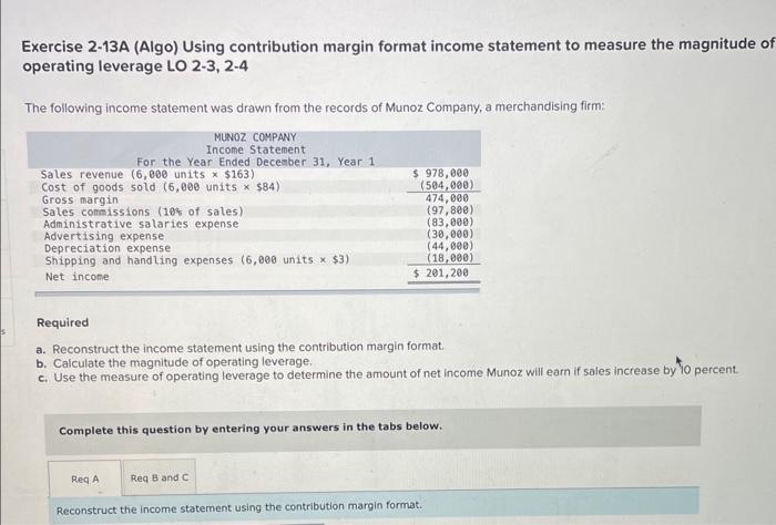 Solved Exercise 2-13A (Algo) Using contribution margin | Chegg.com
