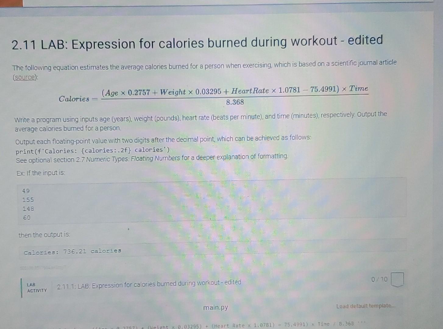 Solved 2.11 Lab: Expression For Calories Burned During 