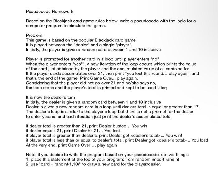 Solved Pseudocode Homework Based On The Blackjack Card Game 9373