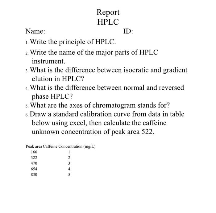 Solved Report HPLC Name: ID: 1. Write the principle of HPLC. | Chegg.com