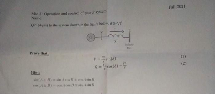Solved Fall-2021 Mid-1: Operation and control of power | Chegg.com