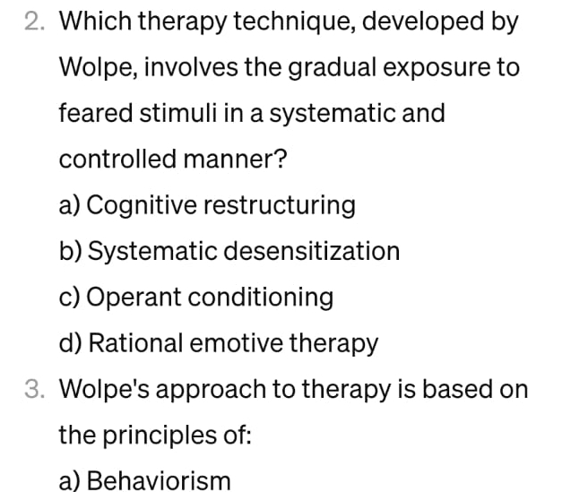 Solved Which therapy technique, developed by Wolpe, involves | Chegg.com