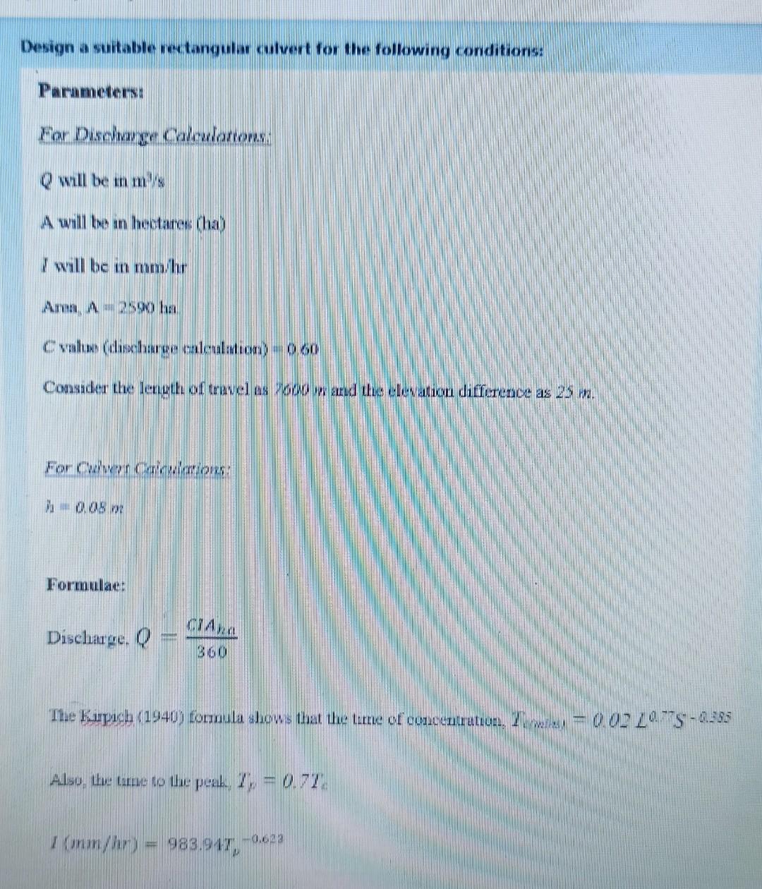 Solved Design a suitable rectangular culvert for the | Chegg.com