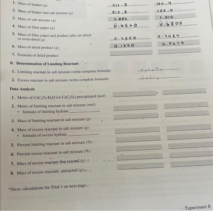 B. Determination of Limiting Reactant 1. Limiting | Chegg.com