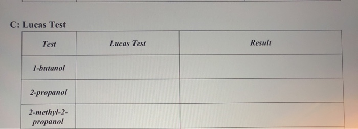Solved C: Lucas Test Test Lucas Test Result 1-butanol | Chegg.com