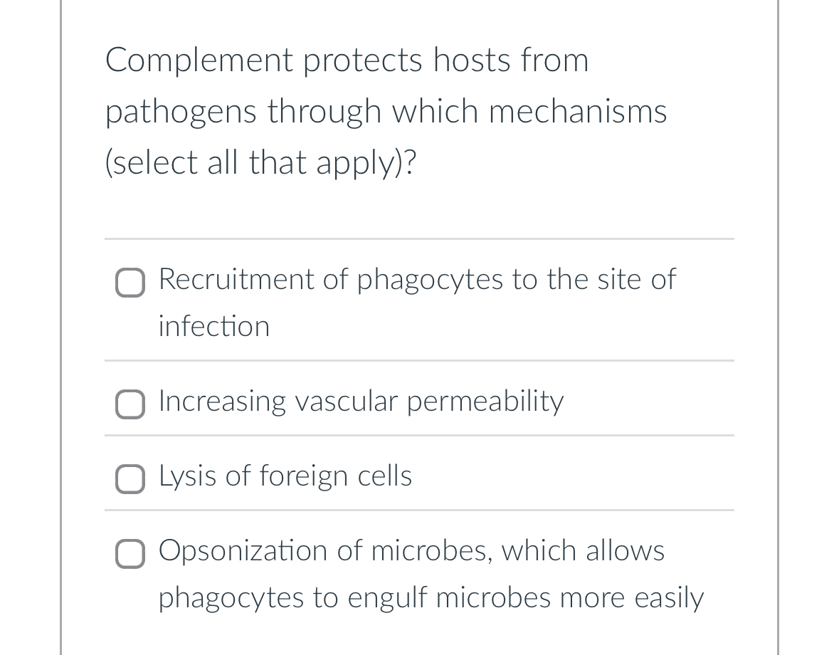 Solved Complement protects hosts from pathogens through | Chegg.com