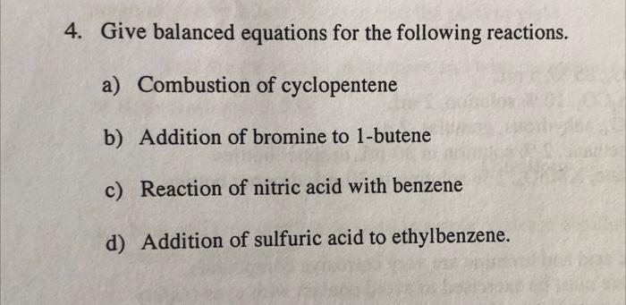Solved 4. Give balanced equations for the following | Chegg.com