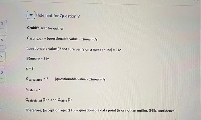 Solved Hide hint for Question 9 Grubb's Test for outlier | Chegg.com
