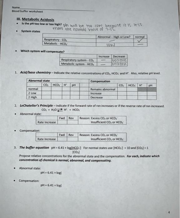 Name Blood buffer worksheet III. Metabolic Acidosis | Chegg.com
