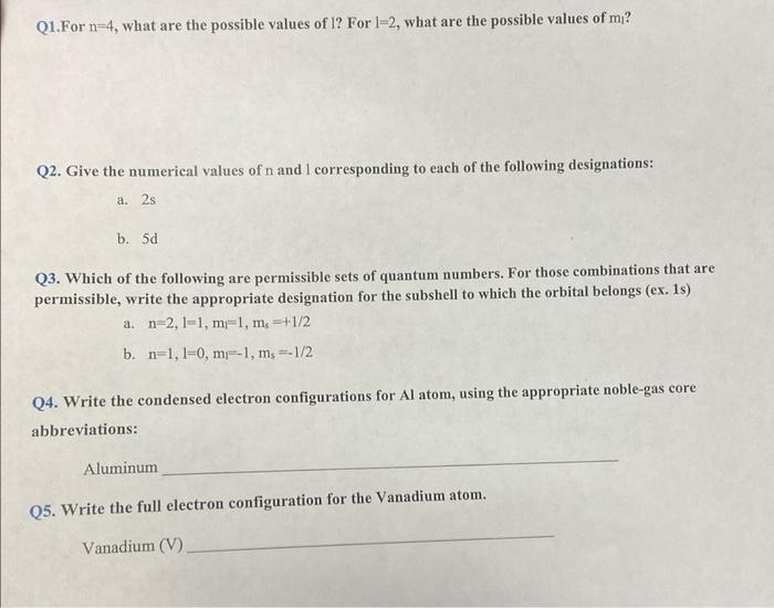 Solved Q1. For n=4, what are the possible values of l ? For | Chegg.com