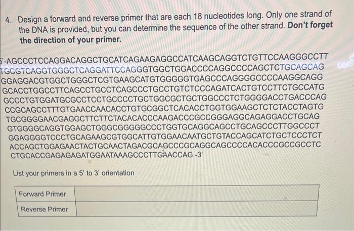Solved 4. Design a forward and reverse primer that are each | Chegg.com