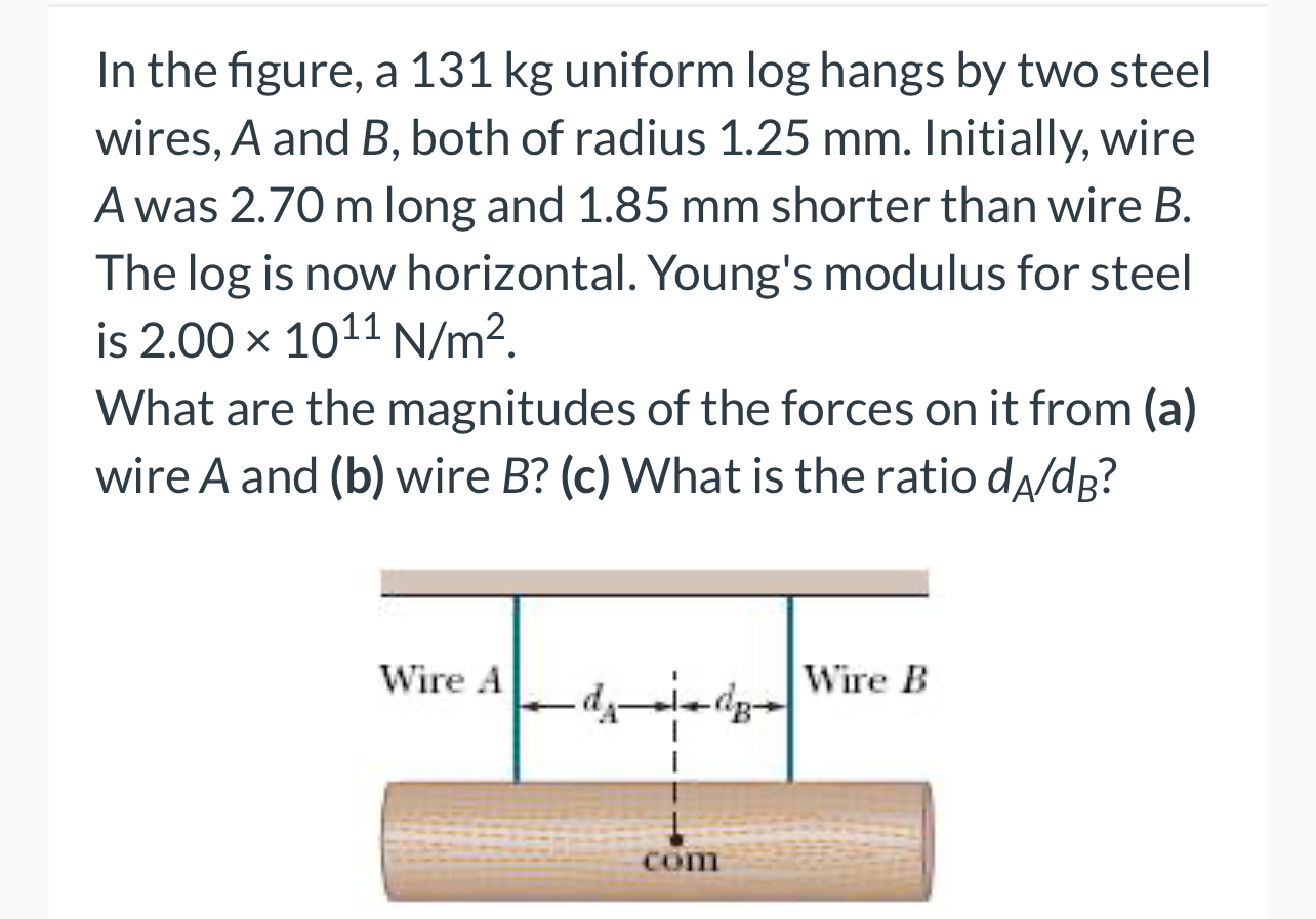 Solved In the figure, a 131kg ﻿uniform log hangs by two | Chegg.com