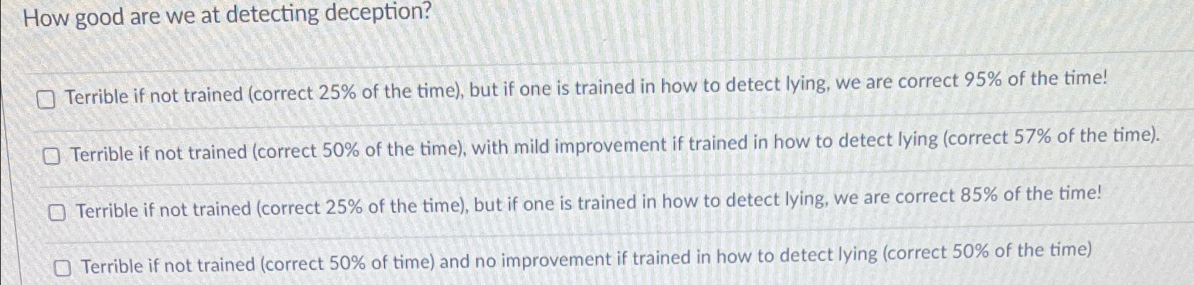 Solved How good are we at detecting deception?Terrible if | Chegg.com