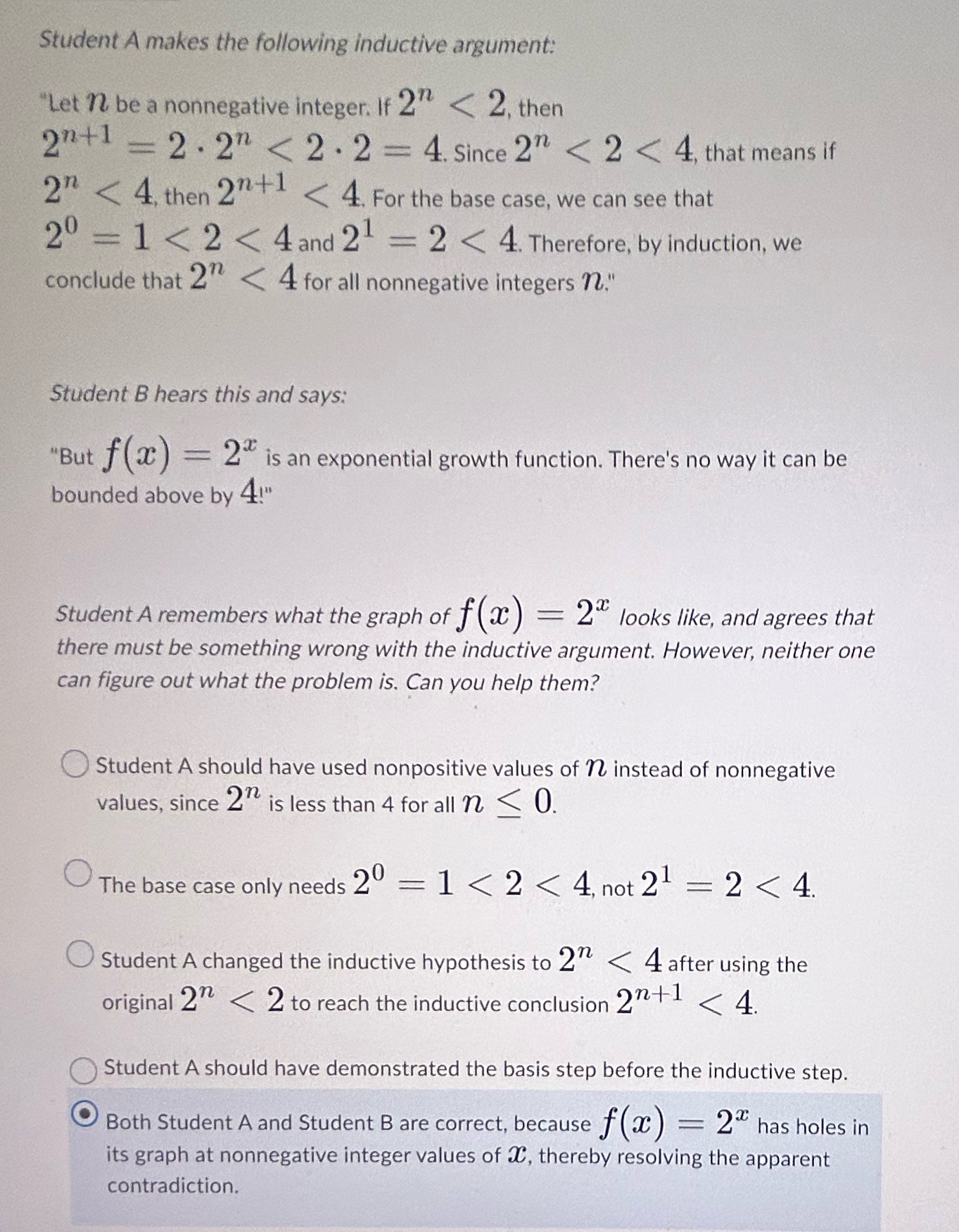Solved Student A makes the following inductive argument:"Let | Chegg.com