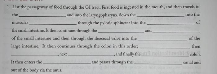 Solved 1. List the passageway of food through the GI tract. | Chegg.com