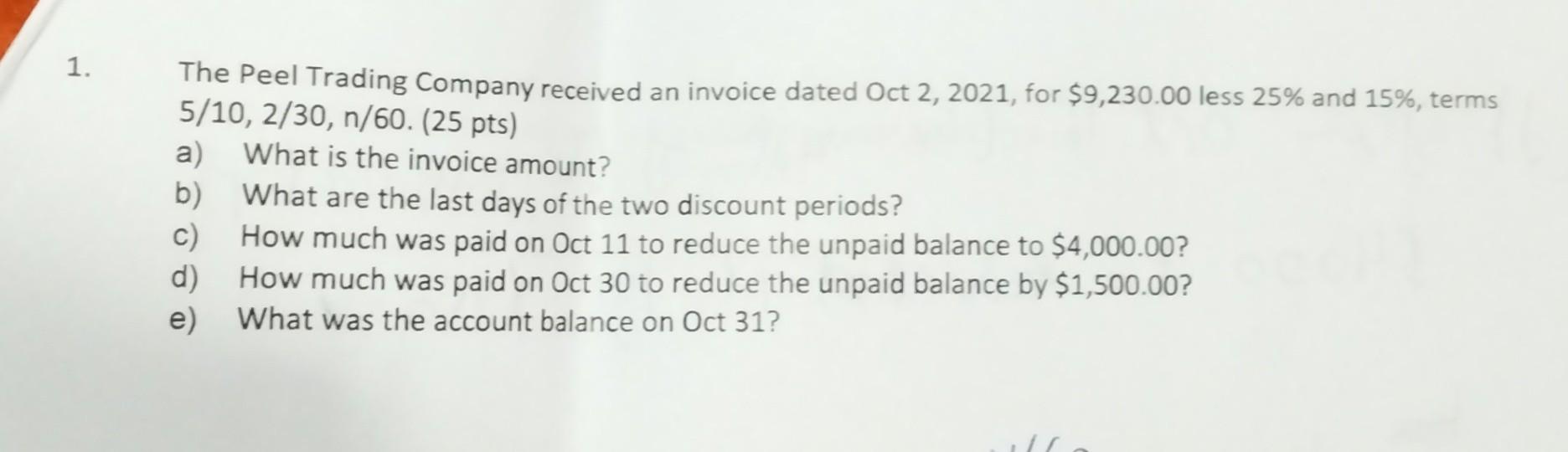 Solved The Peel Trading Company received an invoice dated | Chegg.com