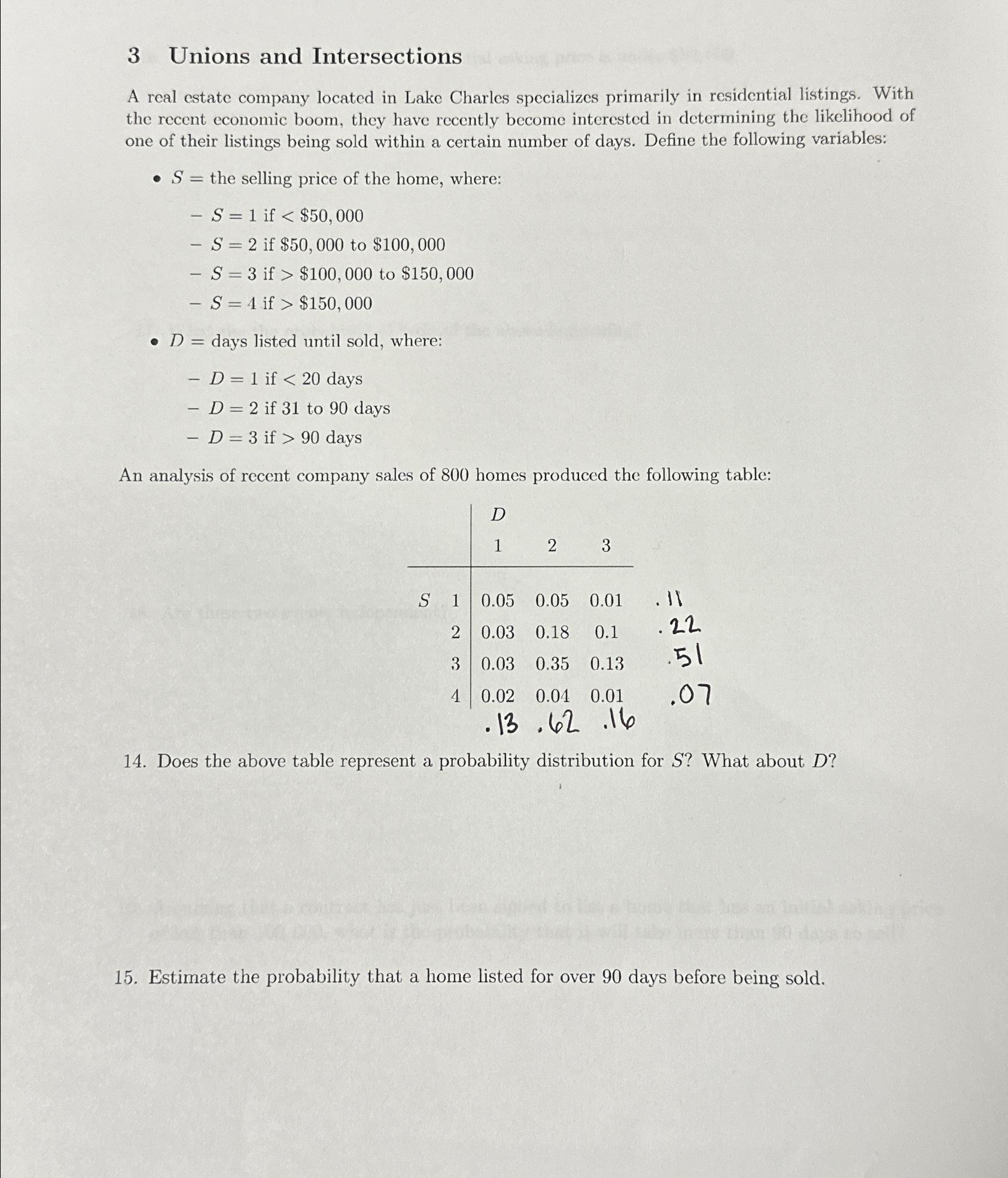 Solved 3 ﻿Unions and IntersectionsA real estate company | Chegg.com