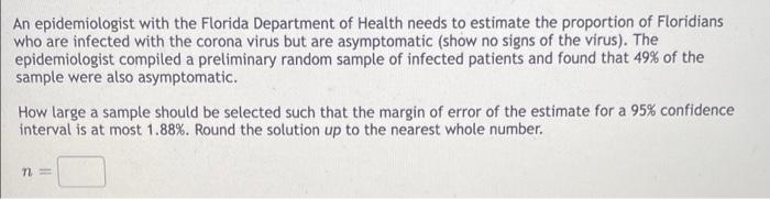 Solved An epidemiologist with the Florida Department of | Chegg.com