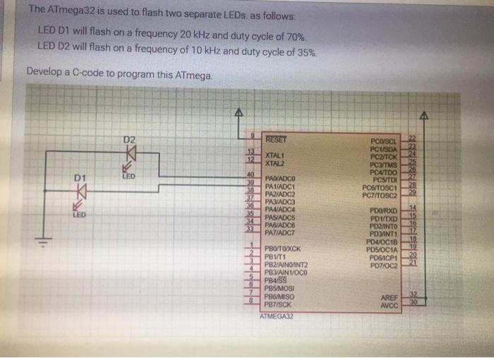 Solved The ATmega32 is used to flash two separate LEDs, as | Chegg.com