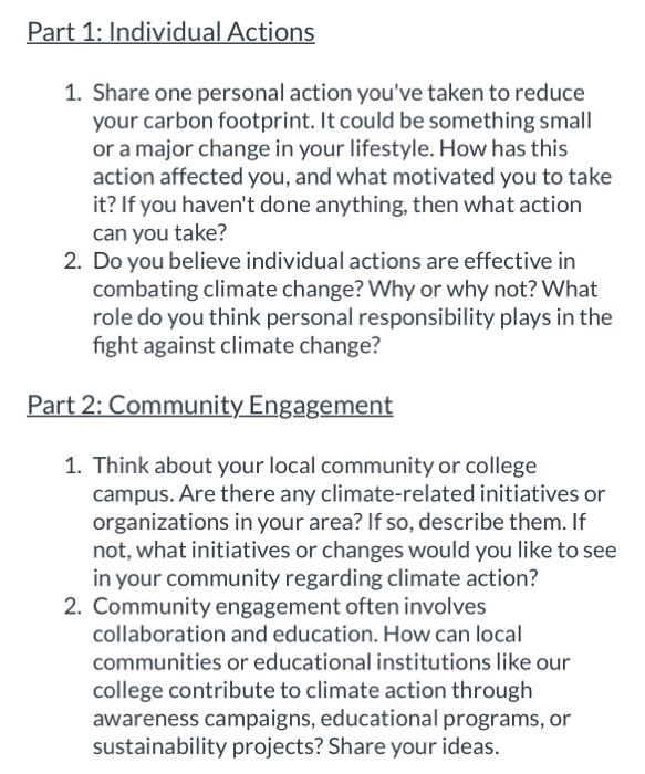 Part 1: Individual Actions 1. Share one personal | Chegg.com