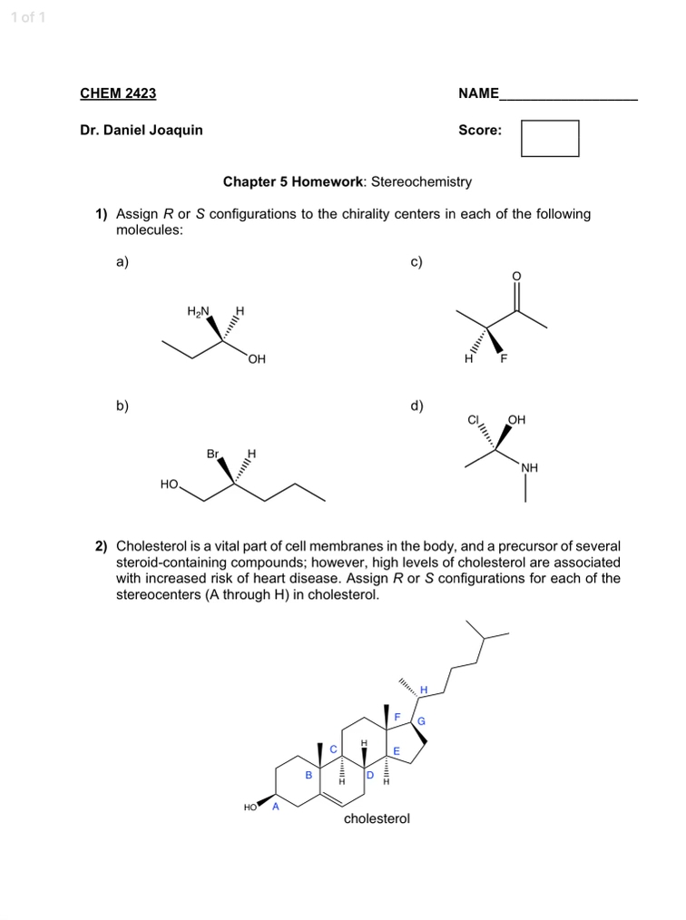 Solved CHEM 2423NAMEq,Dr. ﻿Daniel JoaquinScore:Chapter 5 | Chegg.com