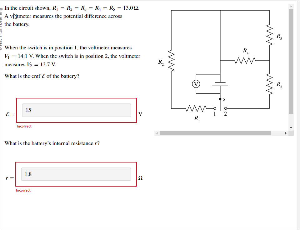 Solved In the circuit shown, R1=R2=R3=R4=R5=13.0Ω.A vdtmeter | Chegg.com