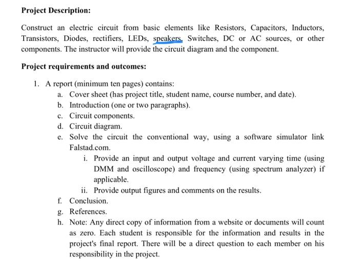 Solved Project Description: Construct an electric circuit | Chegg.com