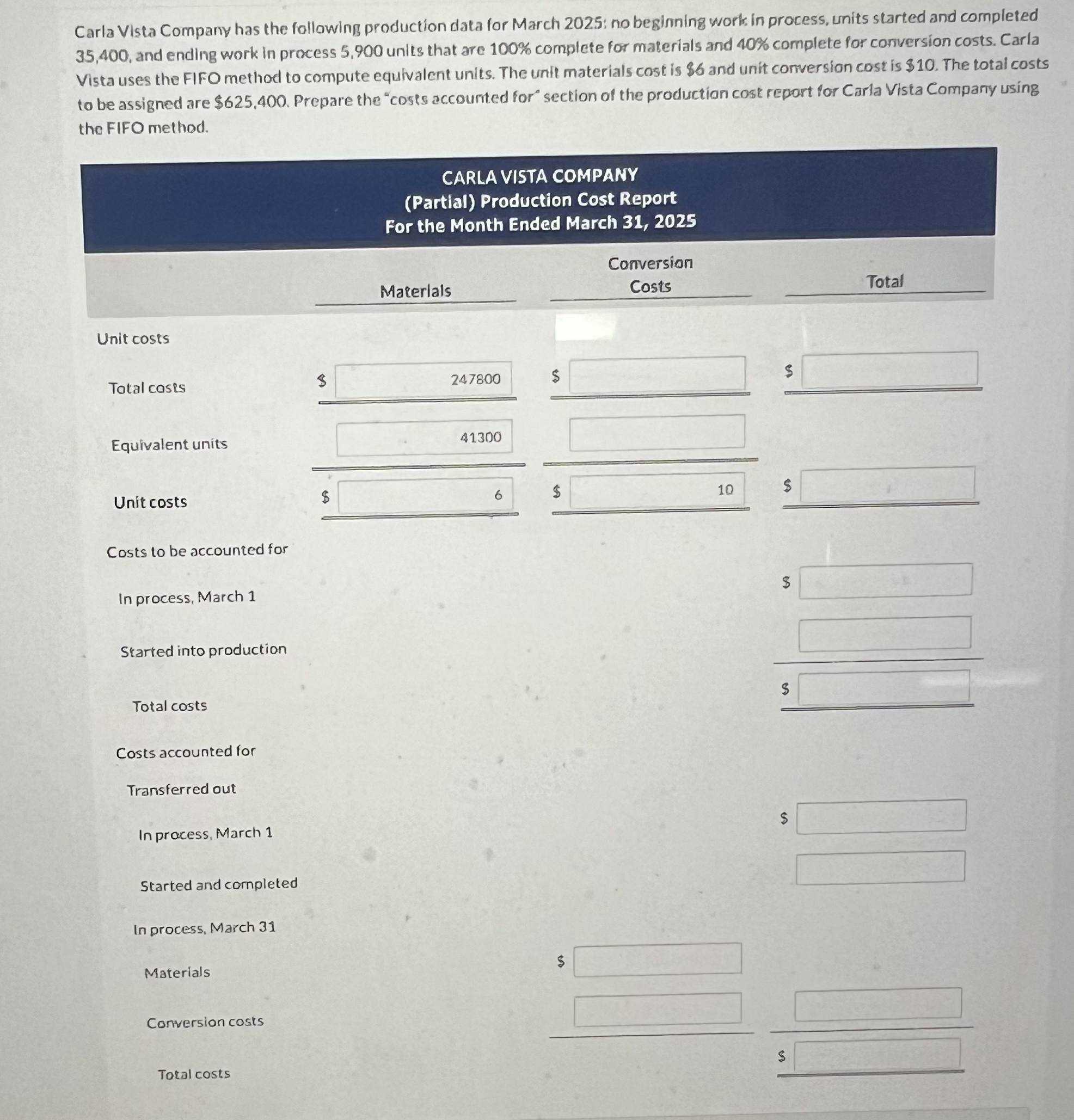 Solved Carla Vista Company has the following production data | Chegg.com