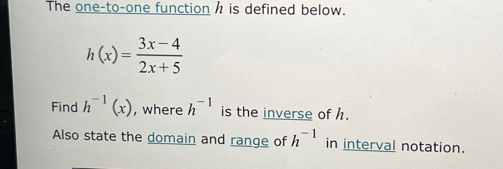 Solved The one-to-one function h ﻿is defined | Chegg.com