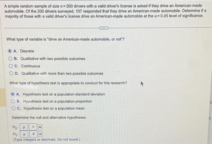 Solved A simple random sample of size n=200 drivers with a | Chegg.com