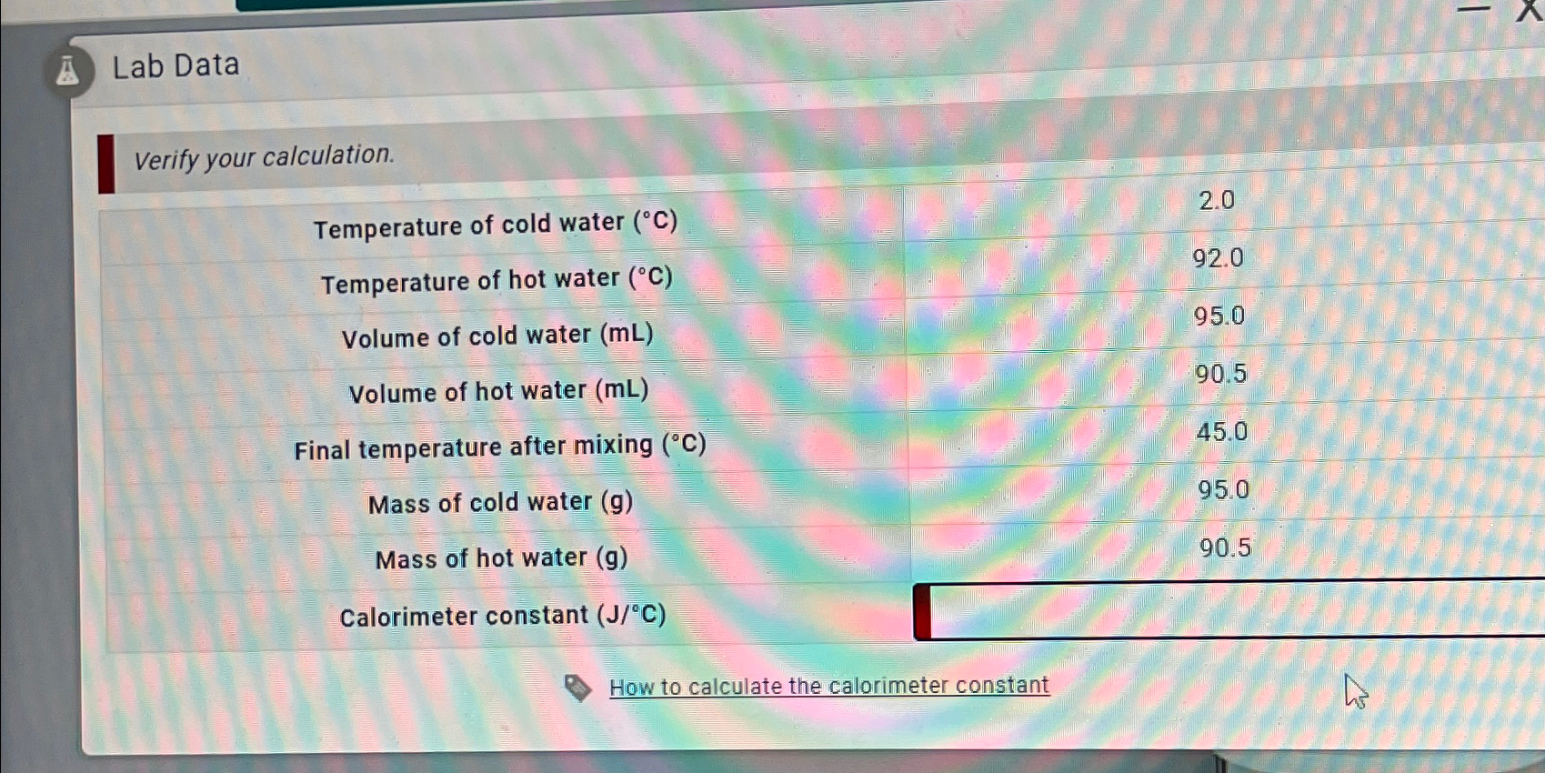 Solved Lab DataVerify your calculation.\table[[Temperature | Chegg.com